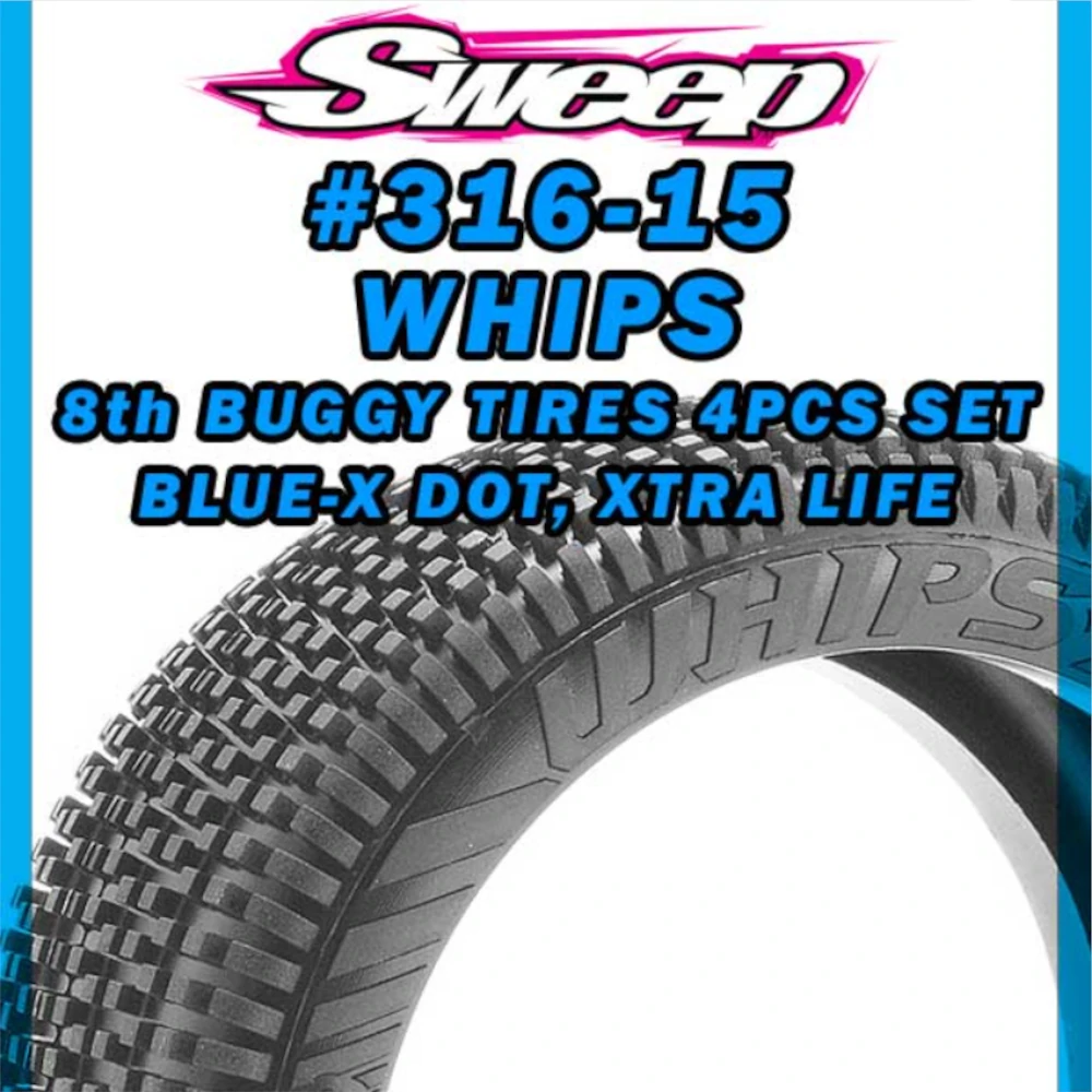 Sweep Racing WHIPS Medium Compound Blue-X Dot 1/8th Buggy Tire Set Pre ...